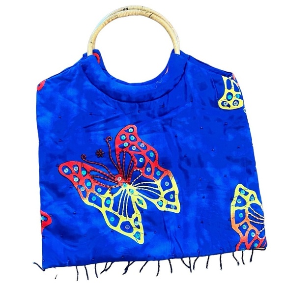 Bags | Blue Butterfly Handbag Bamboo Handle Beaded Fringe Boho Coastal ...
